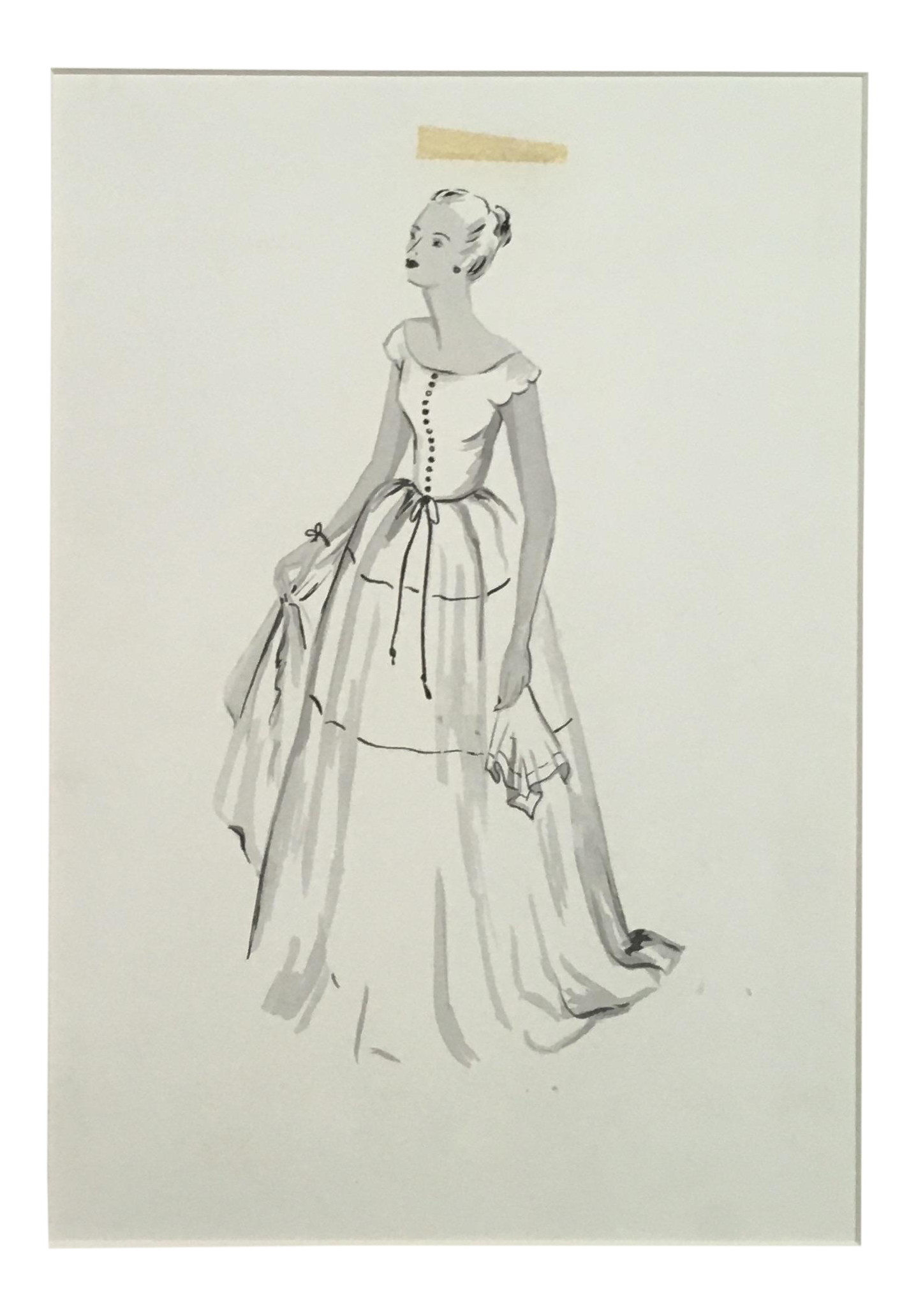 1950s Pen & Ink Advertising Art - Woman in Gown by Barbara Crist | Chairish