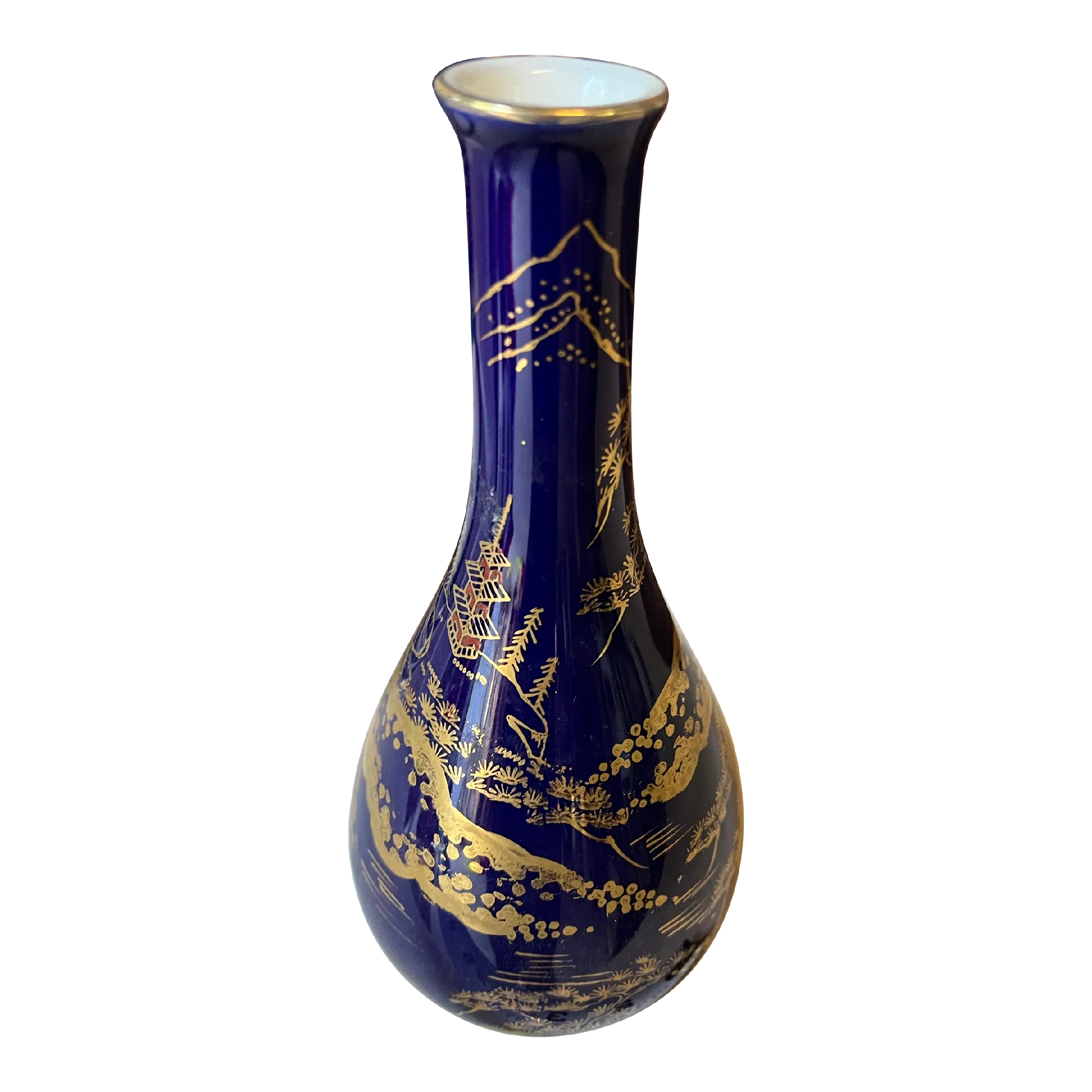 1970s Deep Blue Pagoda Vase With Gold Accents | Chairish