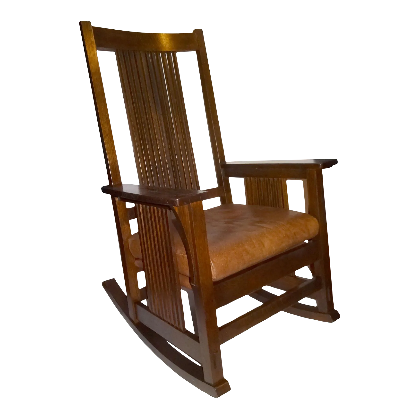 1990s Vintage Stickley 376 Spindle Rocker With Brown Leather Seat ...