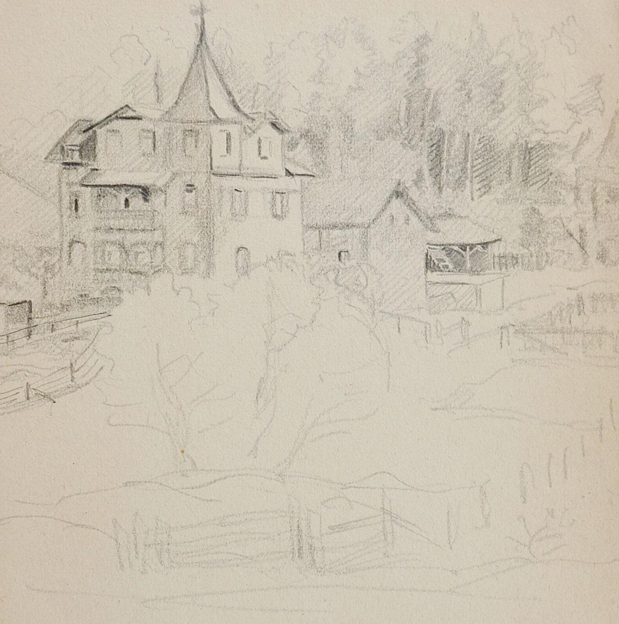Small Vintage Manor House Pencil Drawing | Chairish