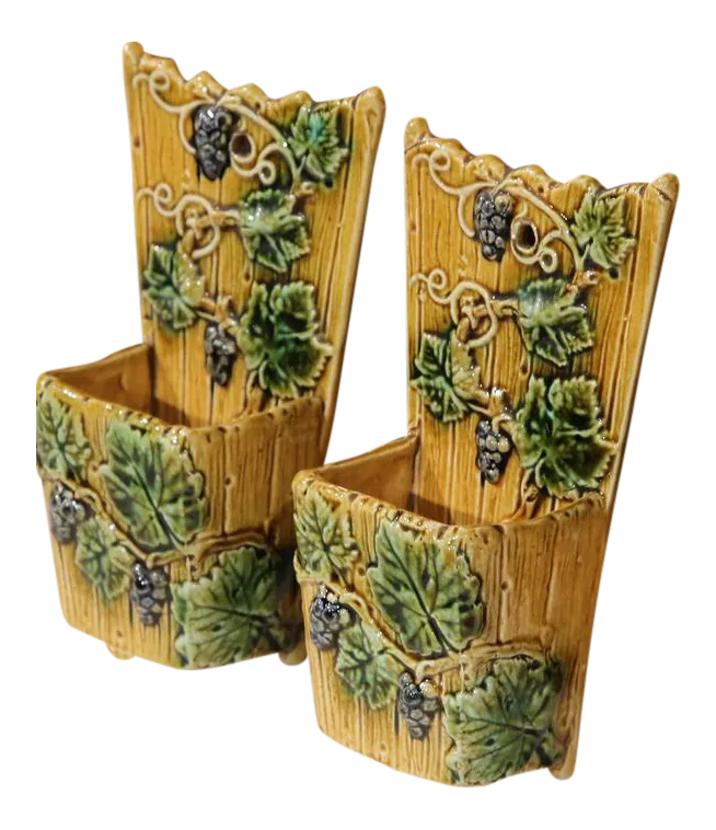 19th Century French Hand-Painted Barbotine Flower Holders with Vines ...
