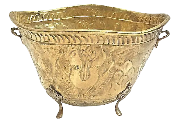 Antique Embossed Brass Cachepot | Chairish