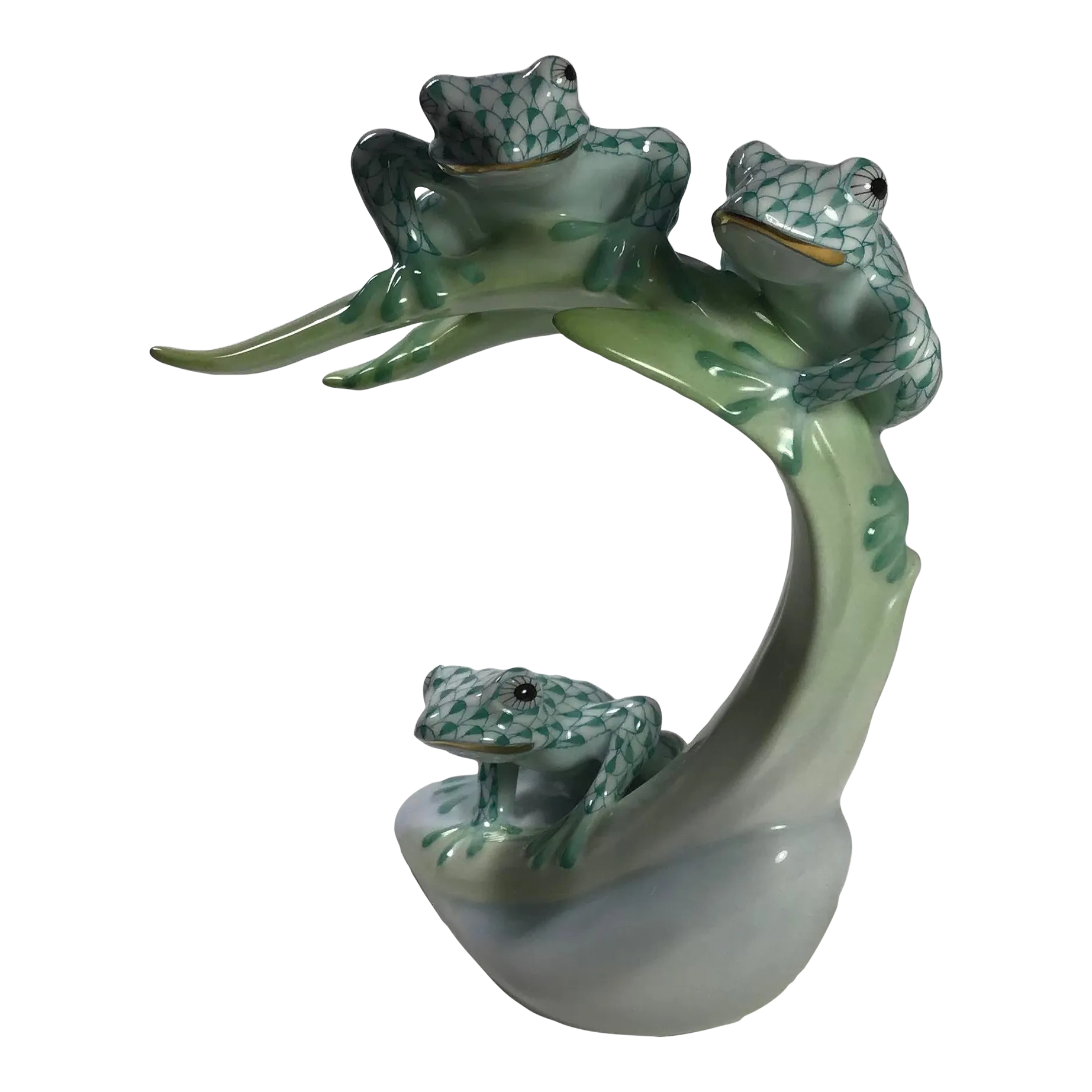 2007 Herend Porcelain Three Tree Frogs on Palm Leaf | Chairish