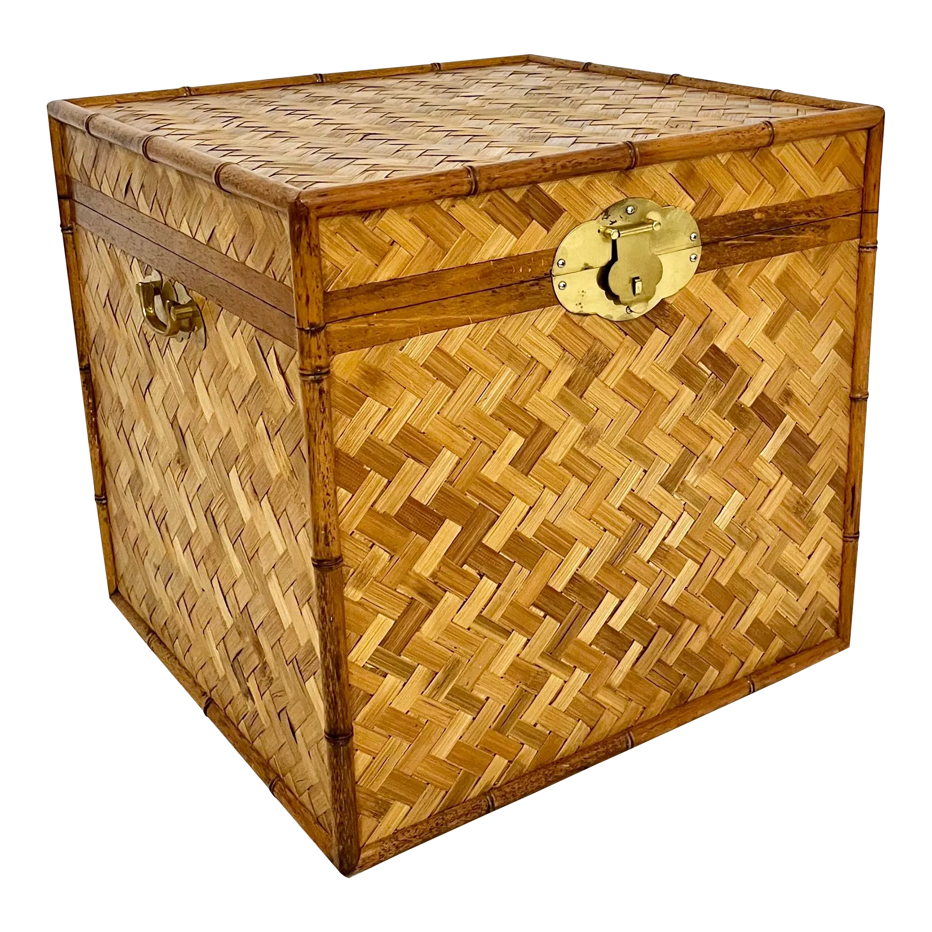 Vintage Faux Bamboo Woven Rattan Chest Trunk | Chairish