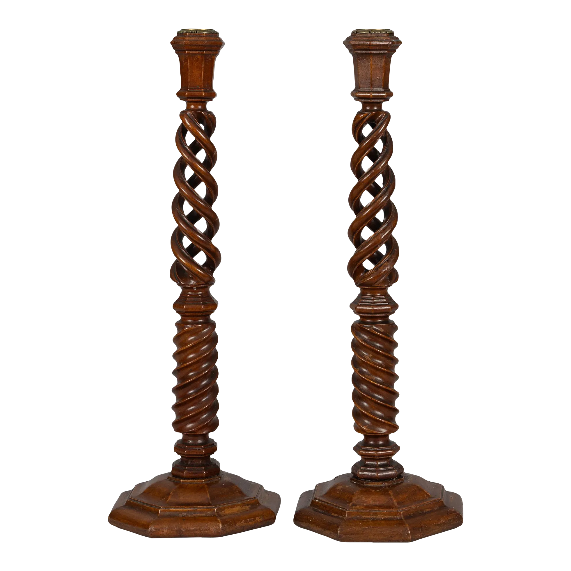 Antique English Walnut Open Barley Twist Candlesticks- a Pair | Chairish