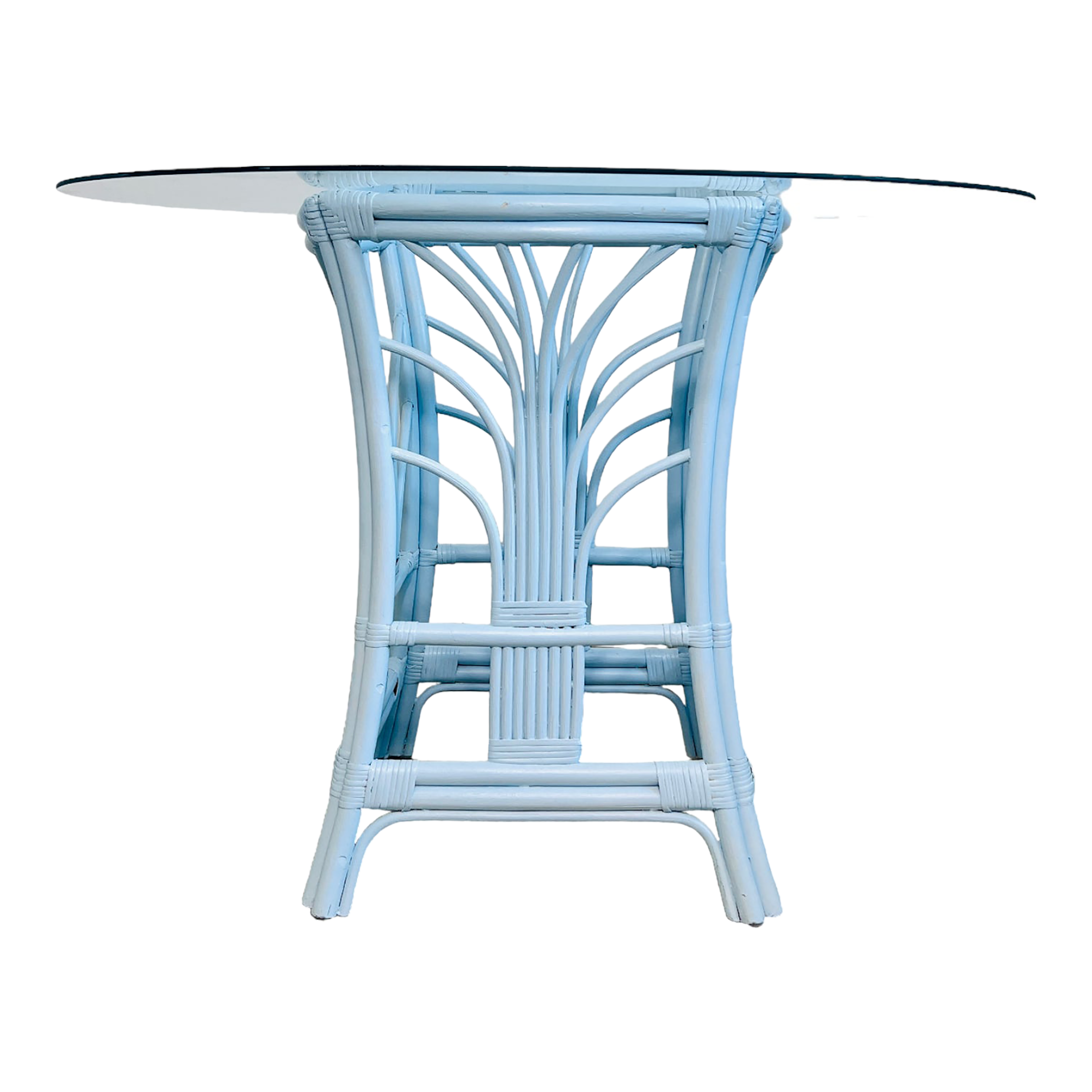 Round Rattan Glass Top Dining Table Soft Sky Blue | Chairish