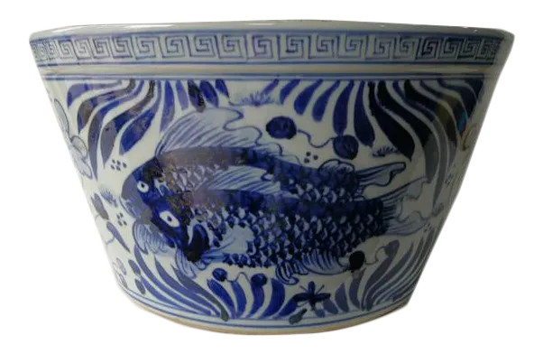 Chinese Blue and White Oriental Fish Bowl Planter | Chairish