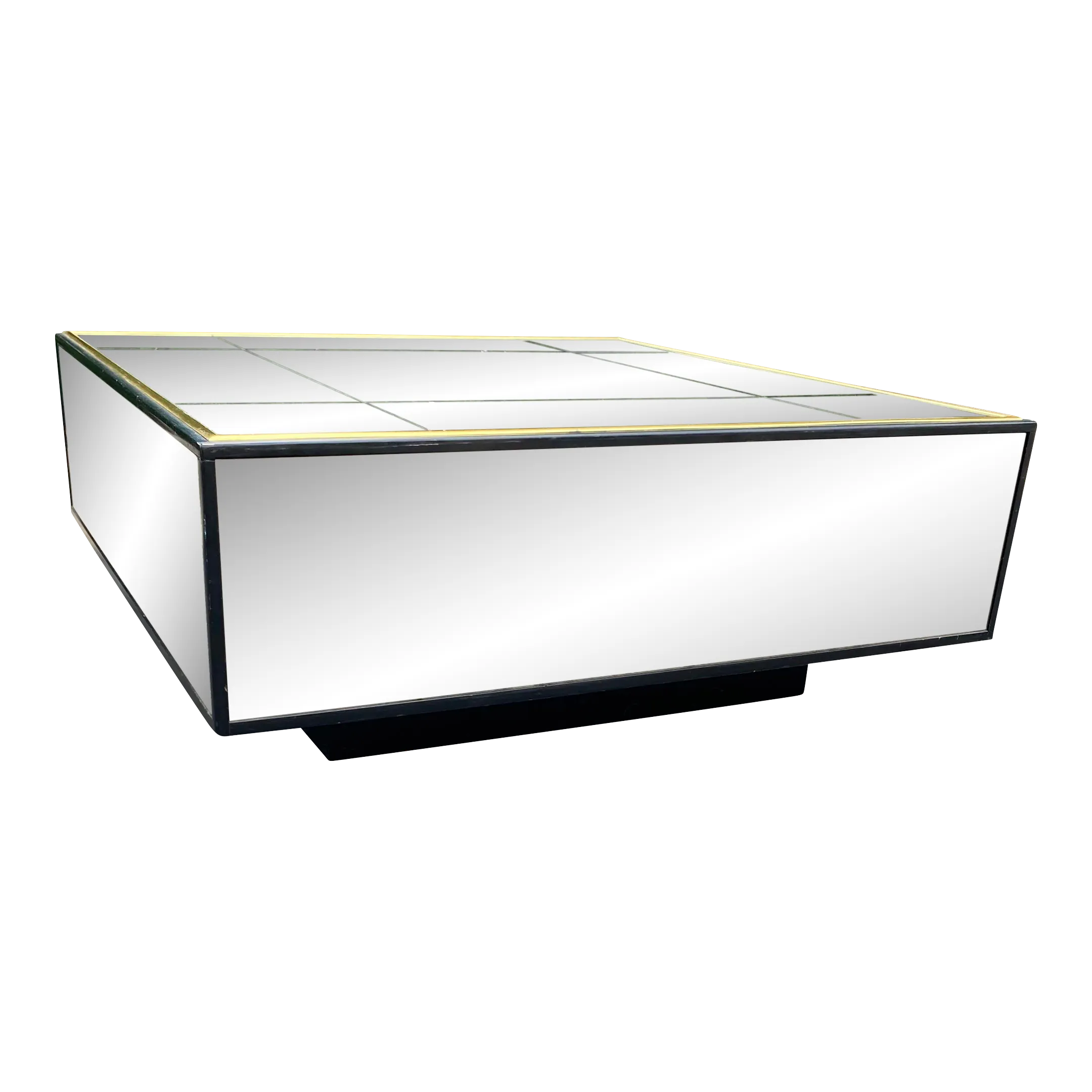 Postmodern Mirrored Coffee Table on Black Wood Plinth Base 1980s | Chairish