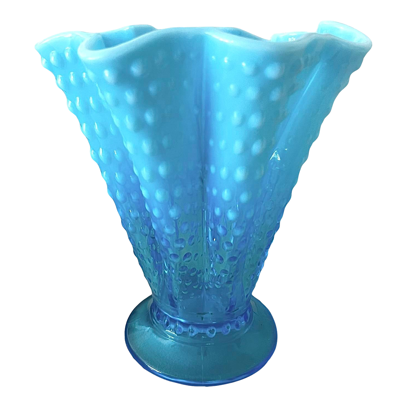 Vintage Fenton Art Glass Blue Opalescent Ruffled Vase | Chairish