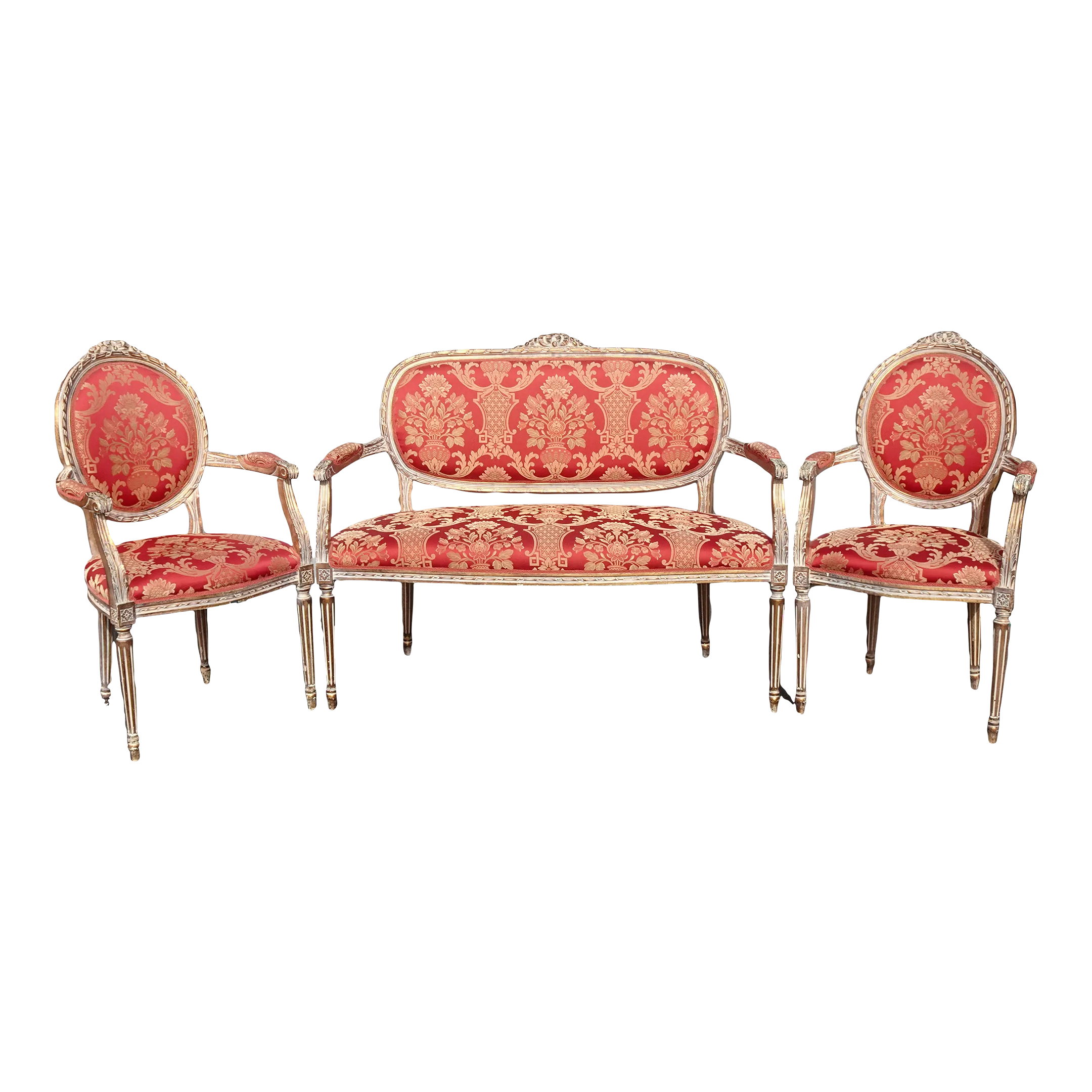 Vintage French Louis XVI Red & Silver Settee and Pair Chairs ~ Set of ...