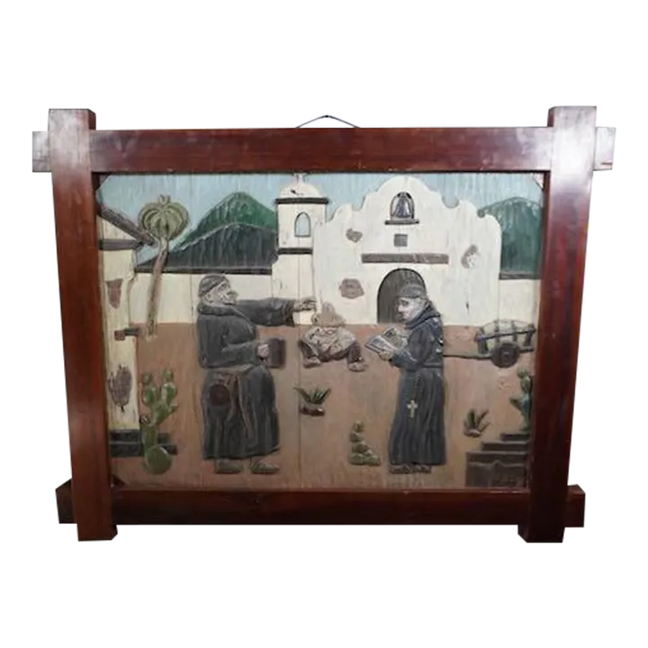 Carl Christian Abel - San Diego Mission Scene - Painted Wood Carving C ...
