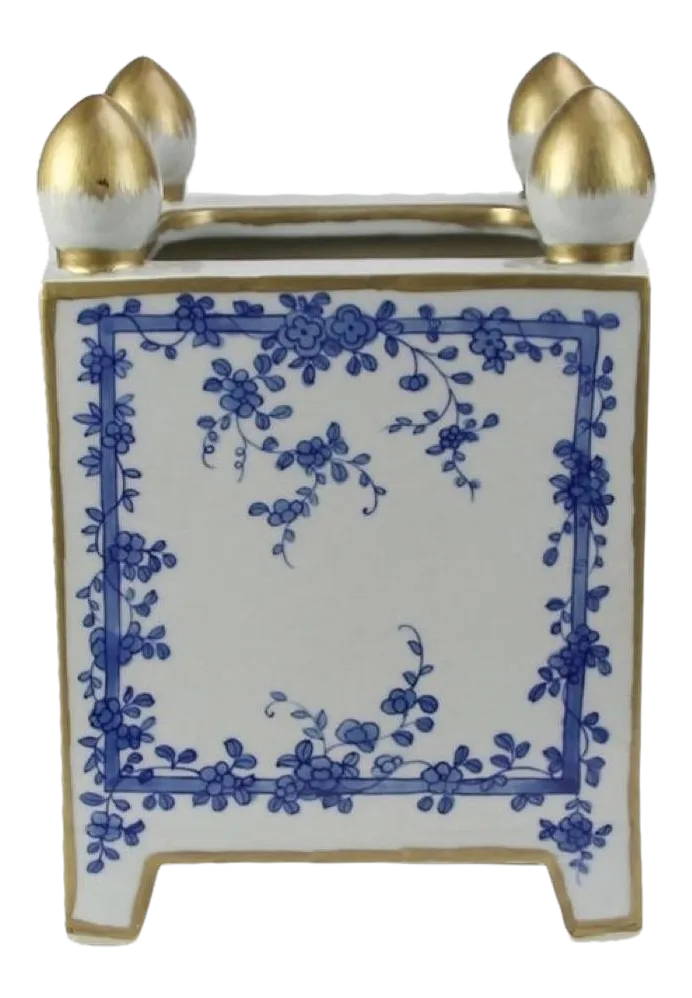 Floral Cache Pot With Gold Finials | Chairish