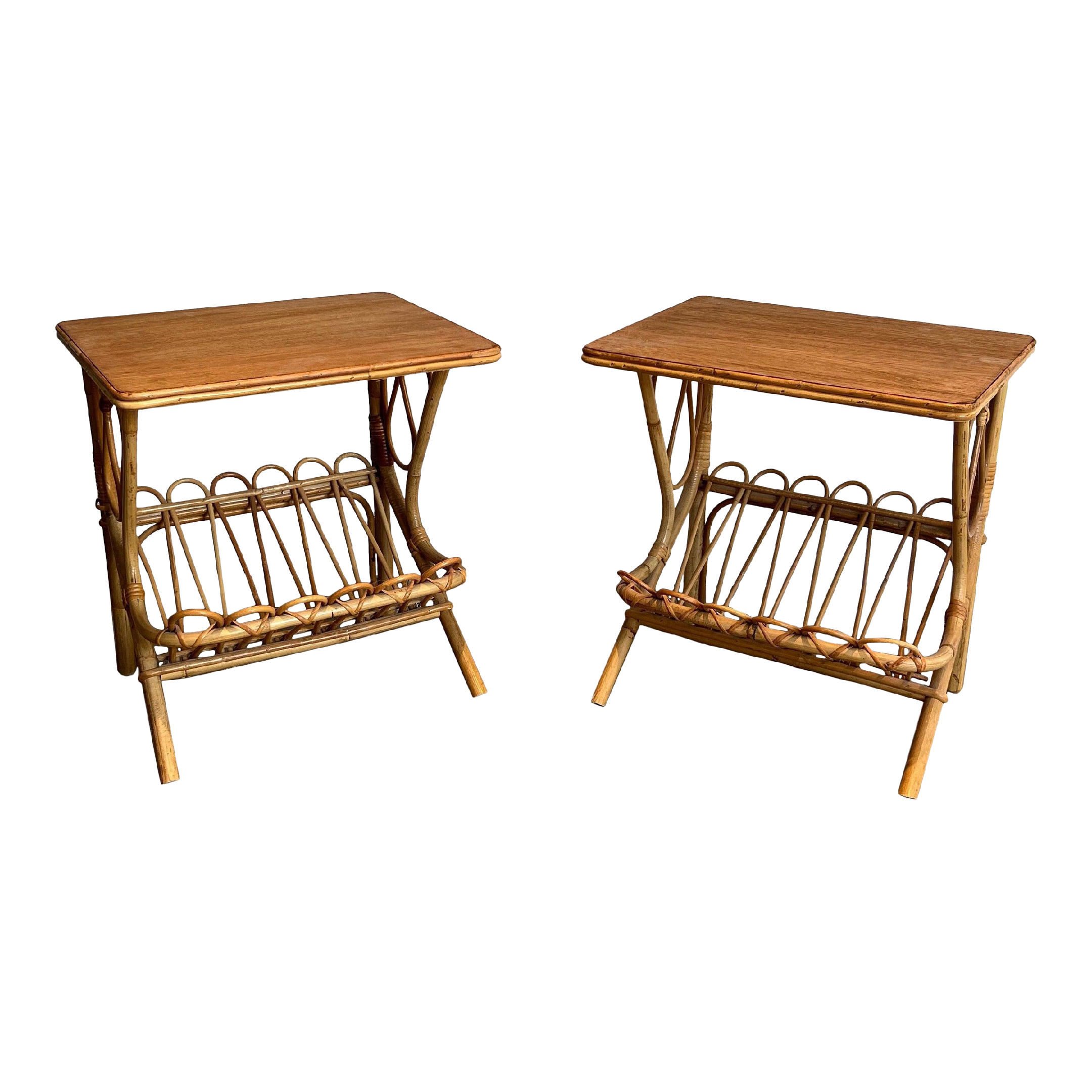 1950s Rattan Side Tables Magazine Racks - a Pair | Chairish
