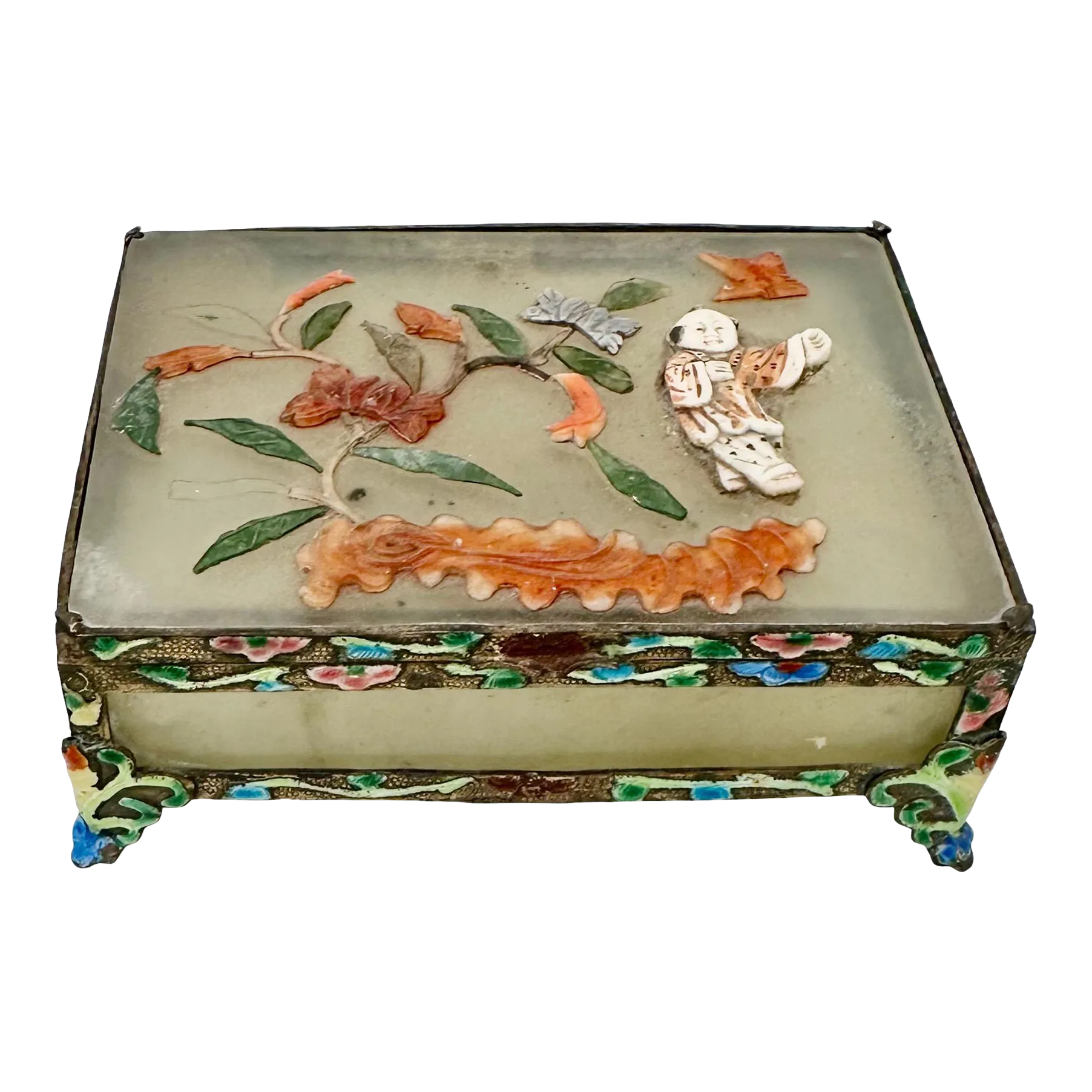 Early 1900s Chinese Jade Box Semi Precious Stones | Chairish
