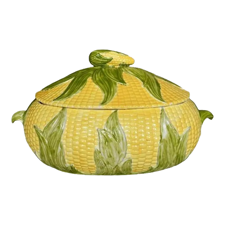 Ceramic Corn Husk Covered Soup Serving Tureen in Yellow and Green ...