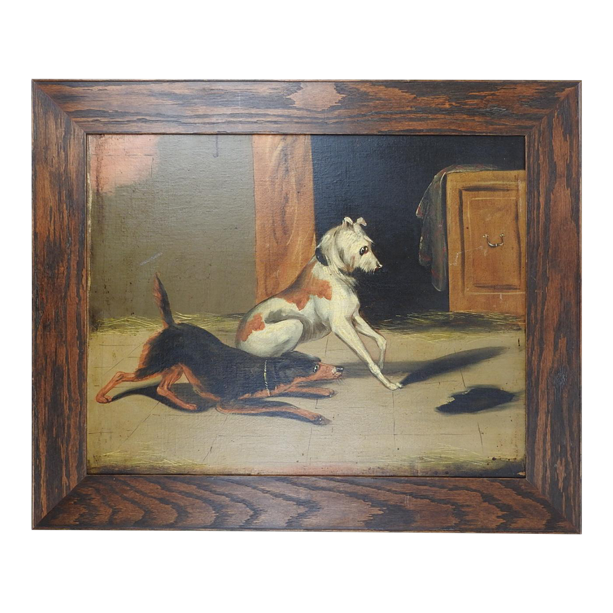 Antique Late 19th Century Dogs in Barn Painting | Chairish