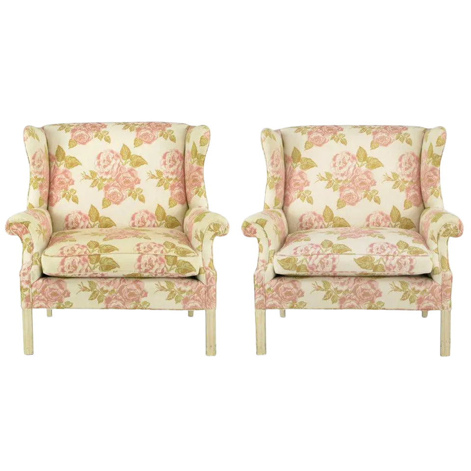 Overscale Chippendale Wing Chairs in Rose Pattern Fabric - a Pair ...