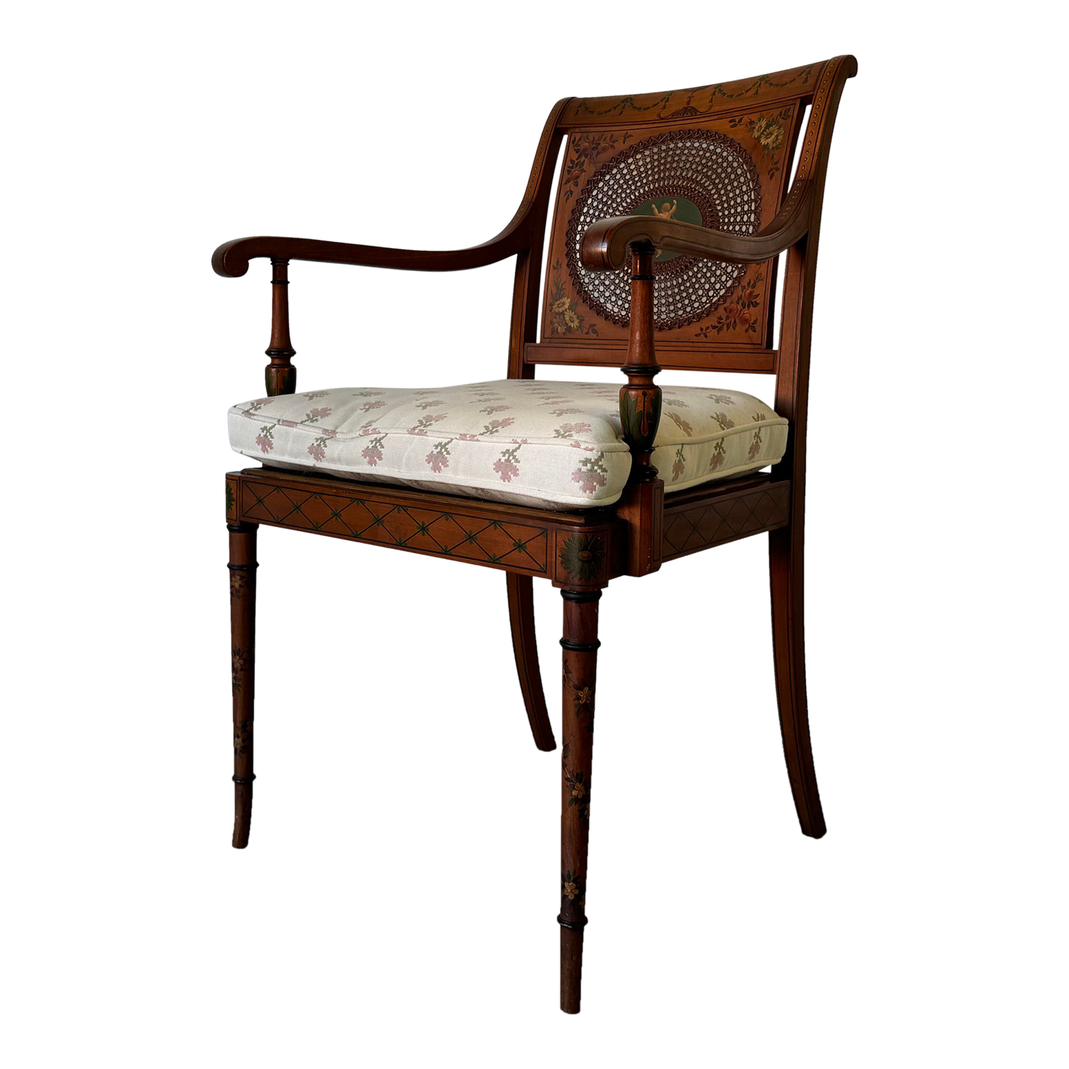 Vintage Adams Style Wood and Cane Paint Arm Accent - Desk Chair | Chairish