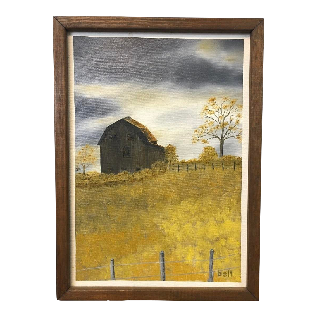 Original G. Bell Country Farm Landscape Oil Painting, "Barn on a Hill ...