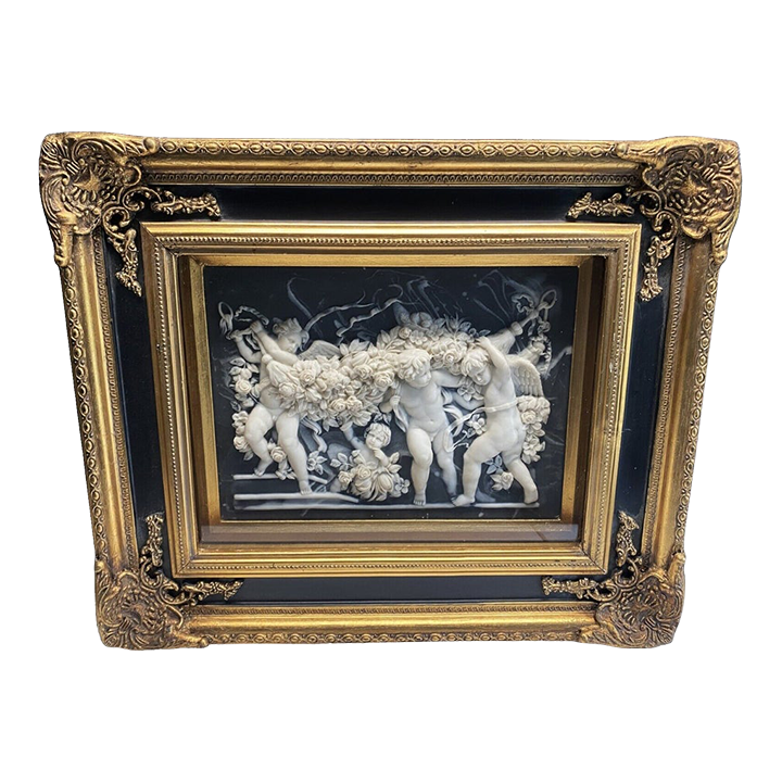 Late 20th Century Rococo Style Winged Putti Relief Plaque with Gilt ...