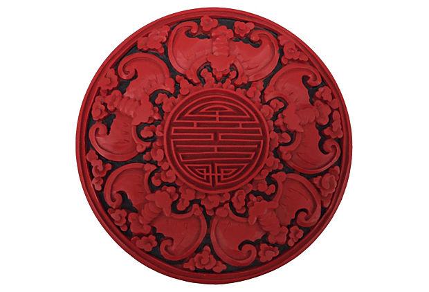 Chinese Red & Black Lacquer Carved Bats Box | Chairish