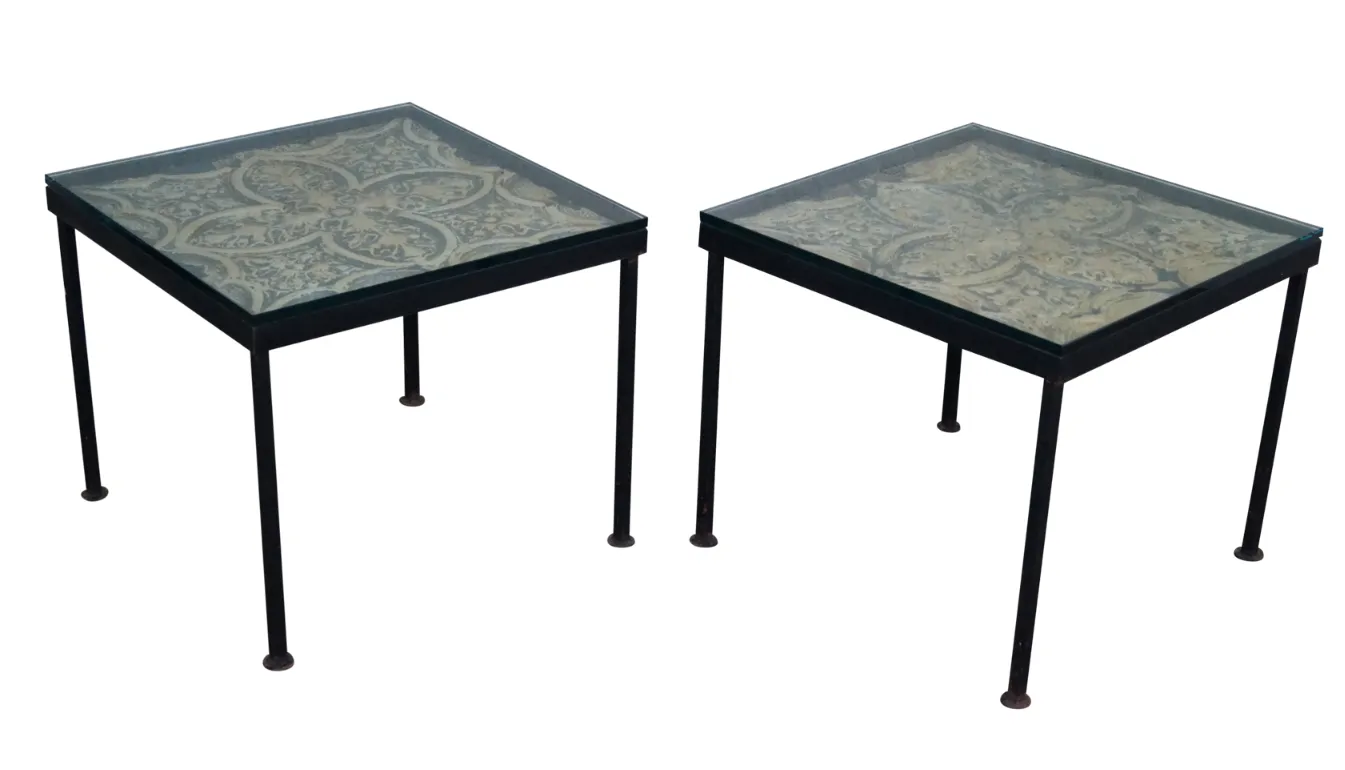 Custom Square Iron Frame Glass Top Side Tables - A Pair | Chairish