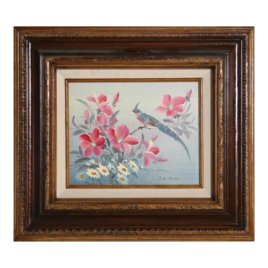 Blue Bird in Flowers, Unknown Artist Oil on Board, Signed 'c.k. Chan' L ...