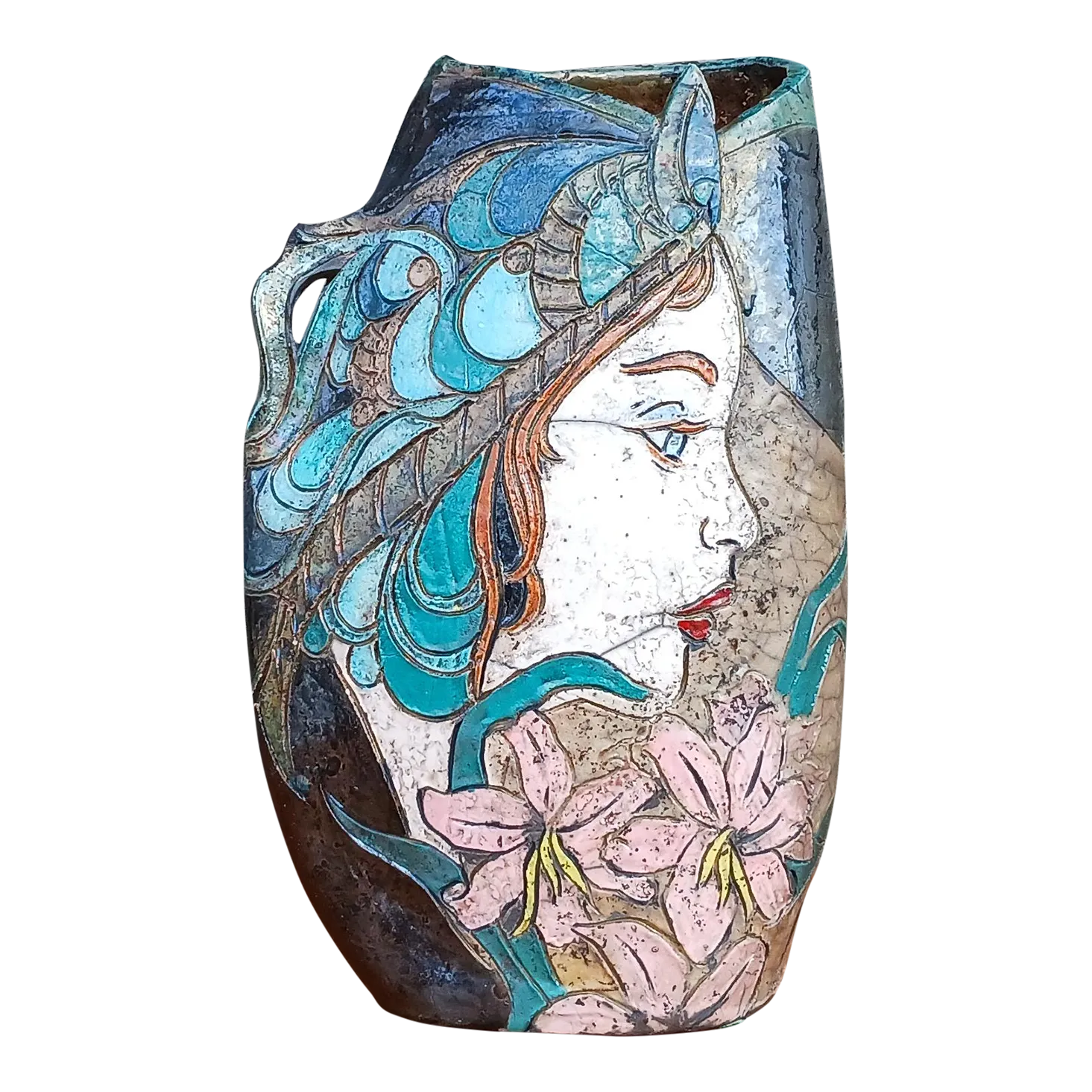 Early James "Jim" Loso Vintage Raku Studio Art Pottery Lady Portrait Vase | Chairish