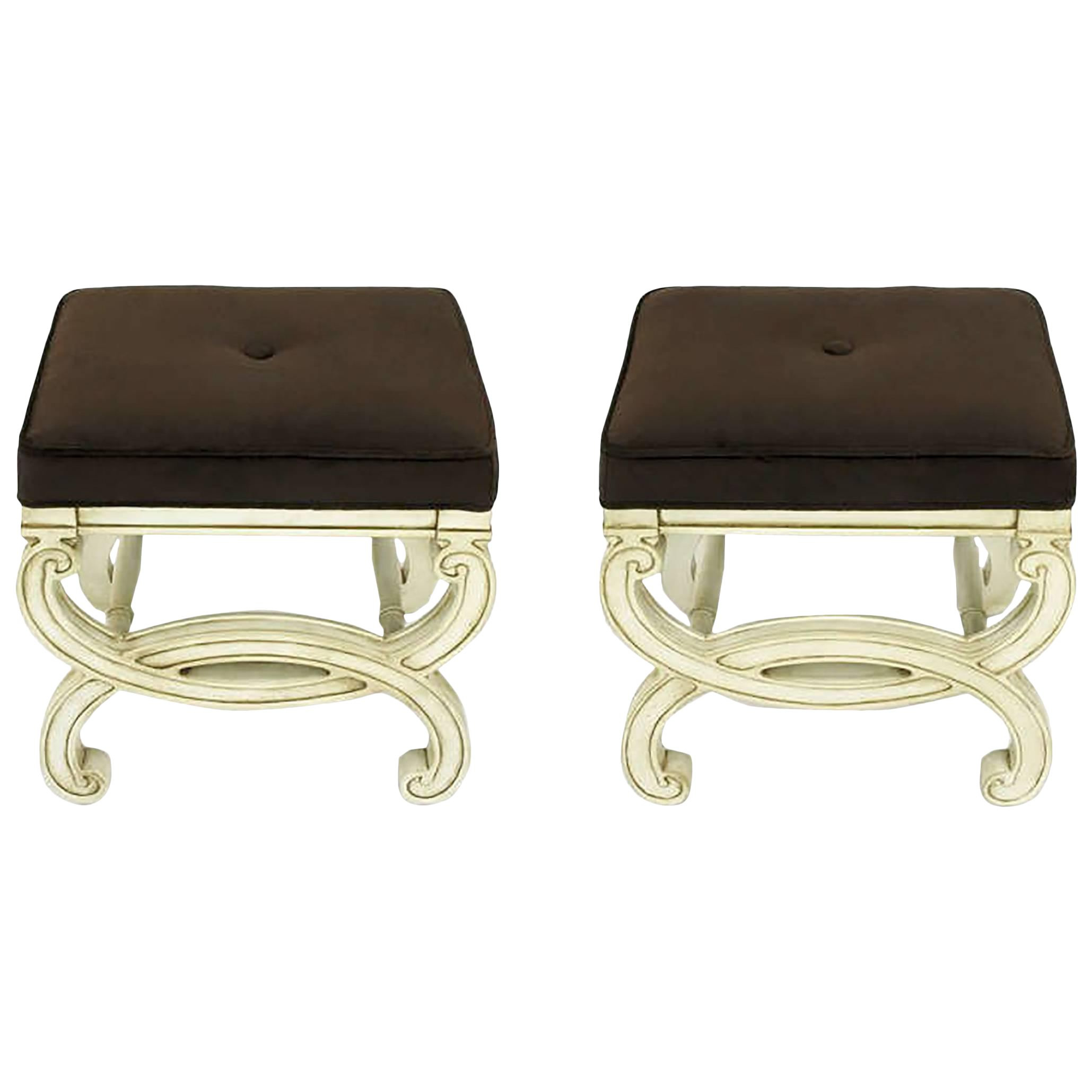 Regency Style Interlocking Curule Benches in Glazed Ivory & Sable ...