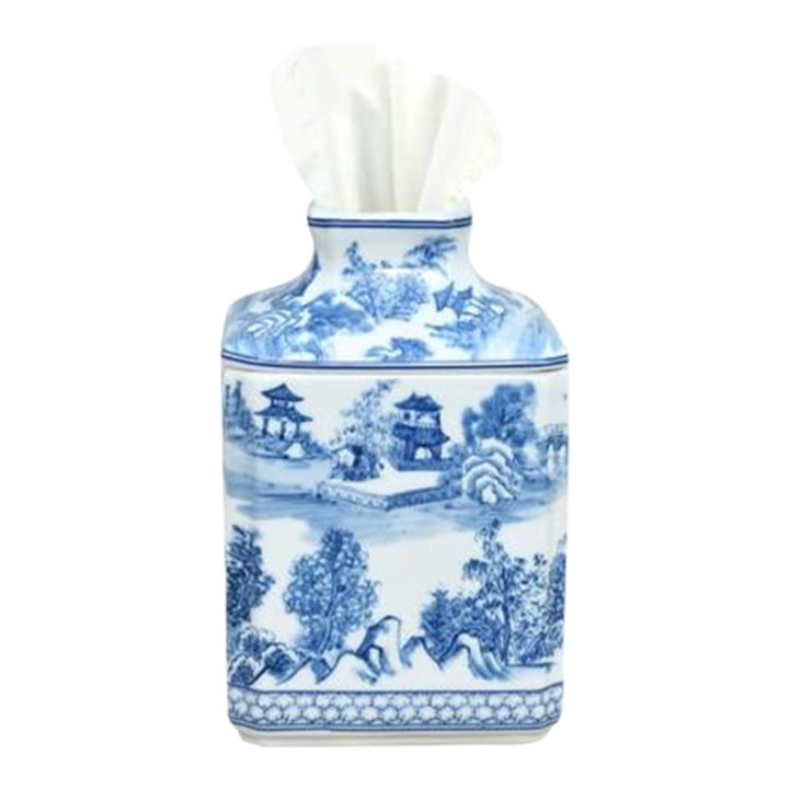 Blue and White Porcelain Chinoiserie Scene Tissue Box | Chairish