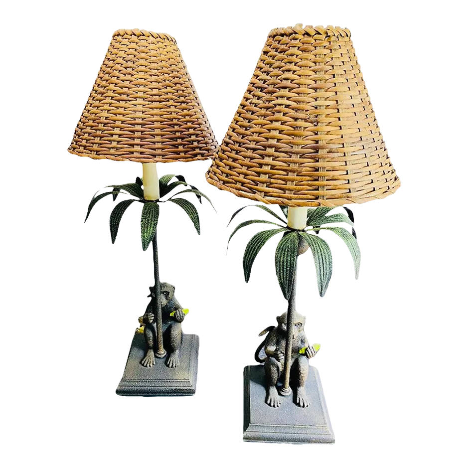 Vintage Monkey Lamps With Tole Palm Trees & Wicker Shades - a Pair ...