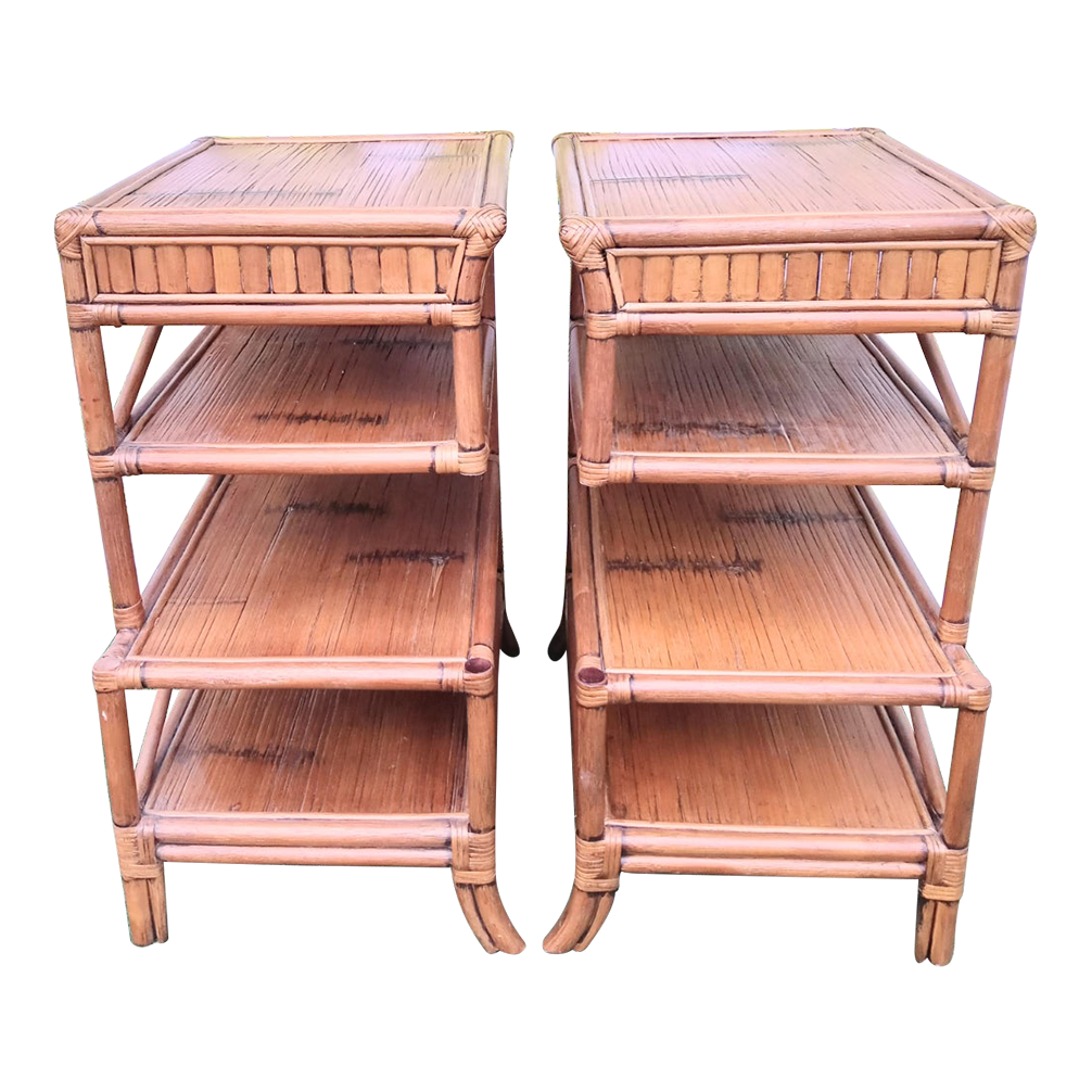 Vintage Rattan Bamboo Tiered Unique Extra Tall Side End Tables- a Pair ...