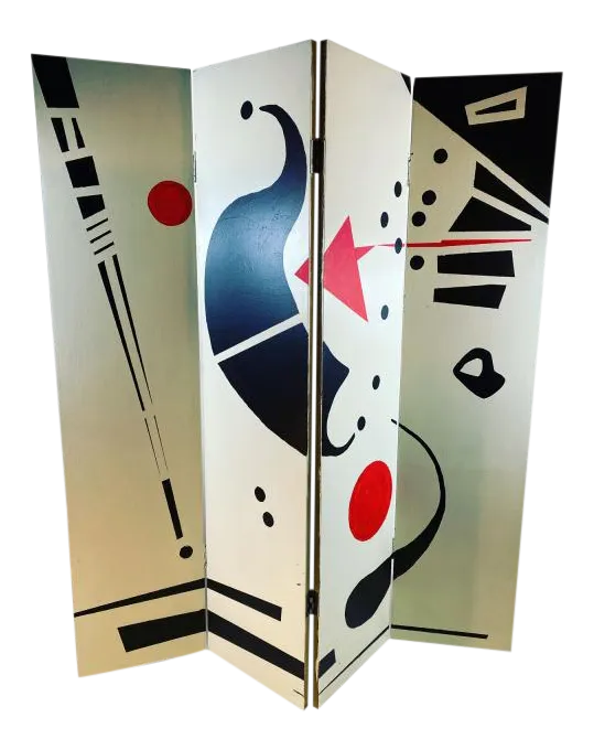 Mid Century Hand Painted Wood Four Panel Standing Screen | Chairish
