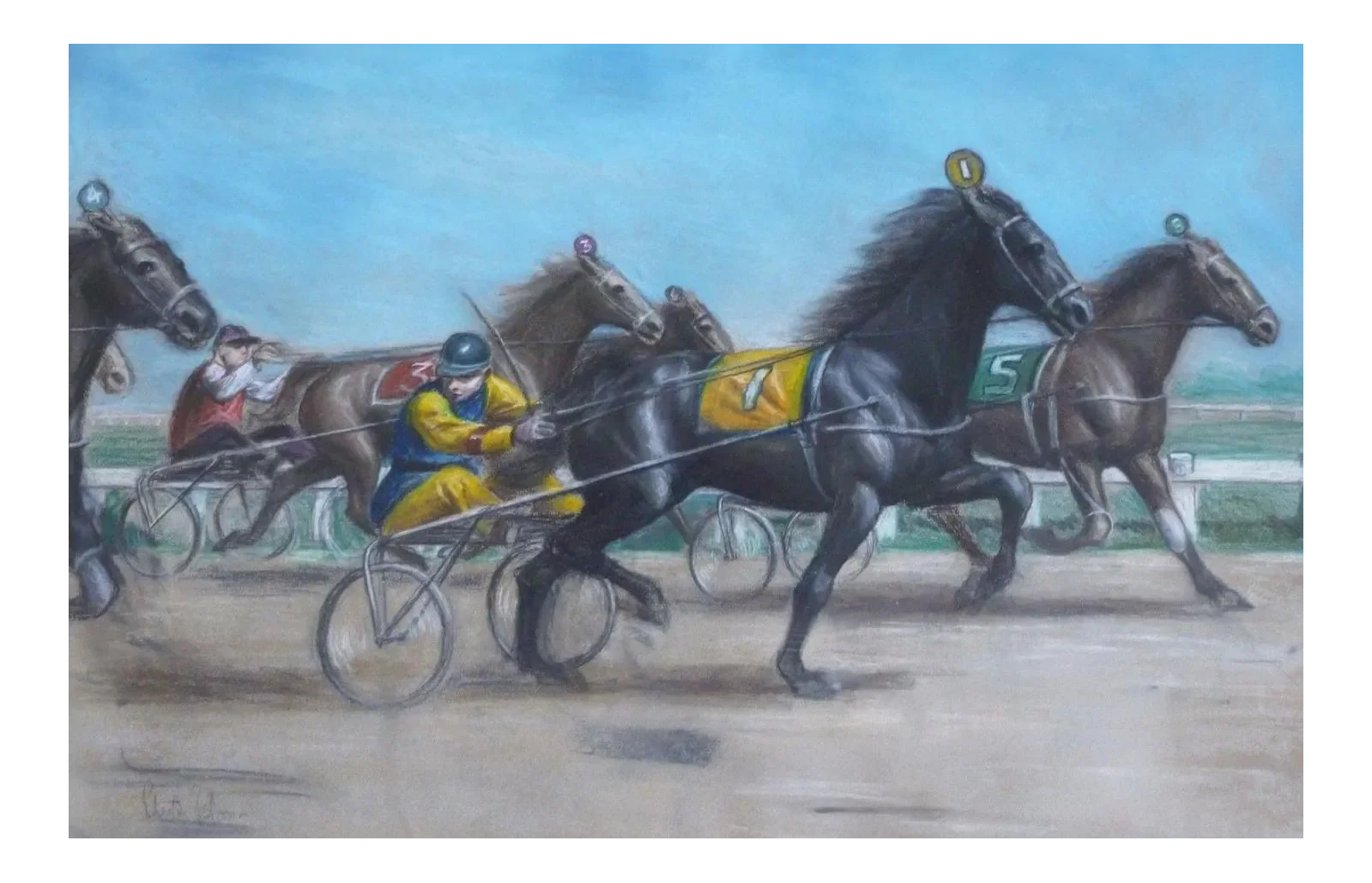 "Sulky Drivers in Race" Pastel Drawing by Chester Bloom | Chairish