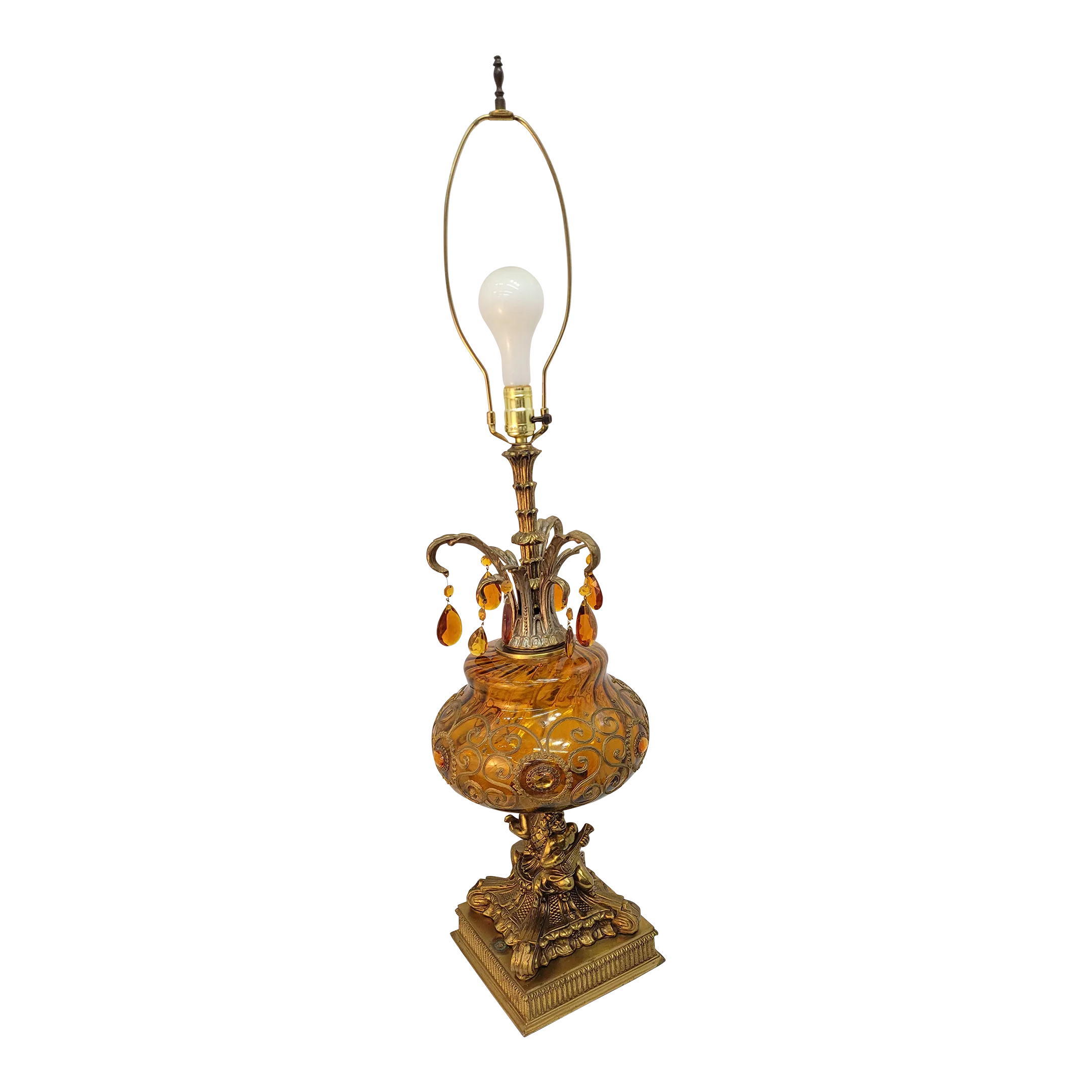 Hollywood Regency Art Glass Amber Gold Crystal Cherubs Table Lamp ...