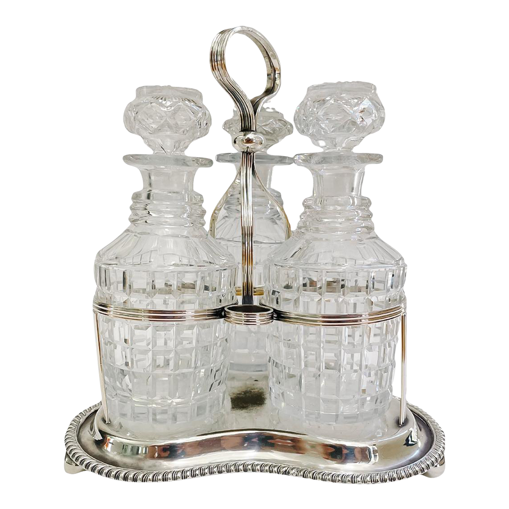 19th Century Cut Glass Triple Spirit Decanters in Silver Plated Caddy ...