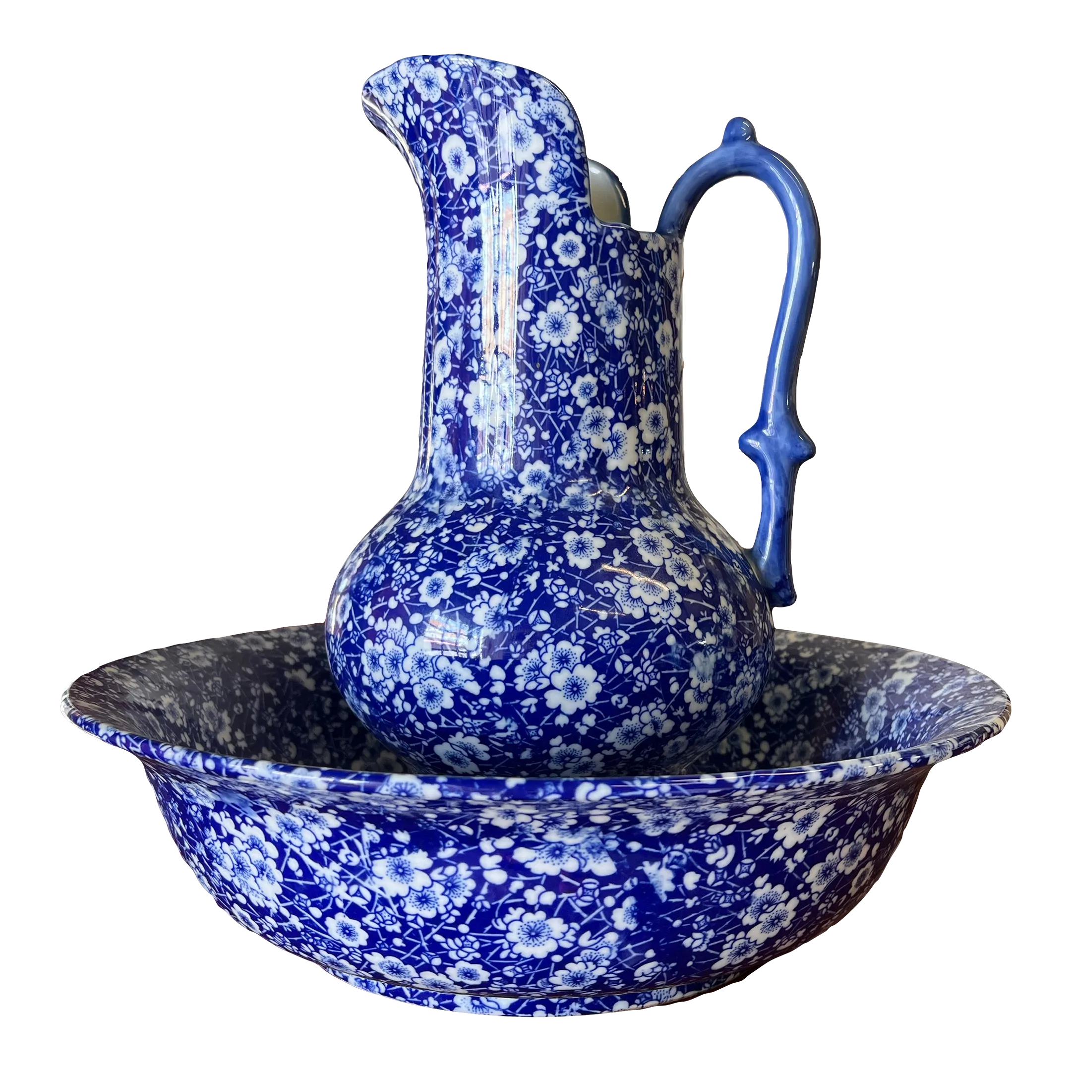 1930s Blue & White Floral Calico Pitcher & Bowl Signed Victorian Ware ...