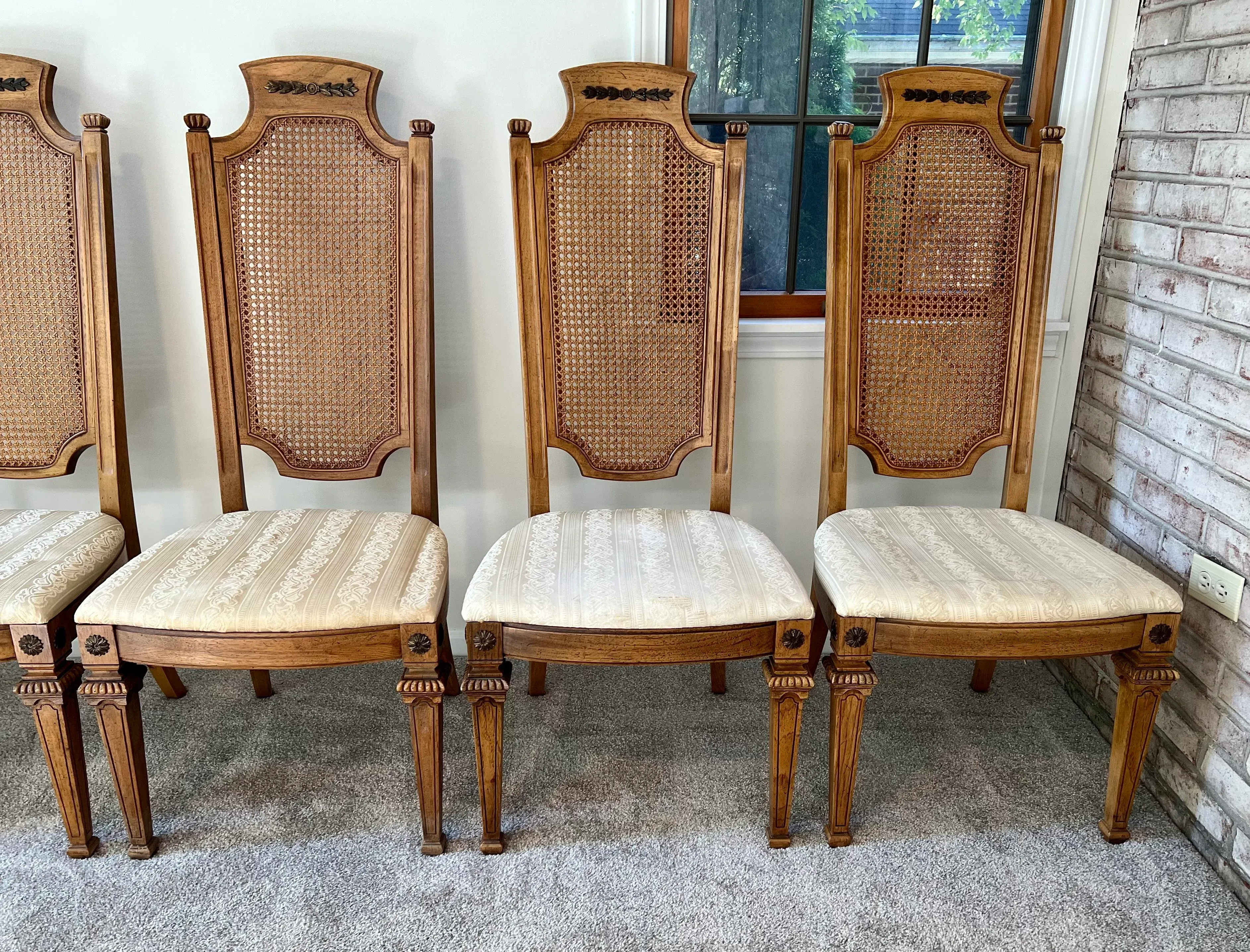 Set of 6 1960 s Neoclassical Italian Tuscan Hollywood Regency Cane Back and Solid Wood Upholstered Dining Chairs by Thomasville
