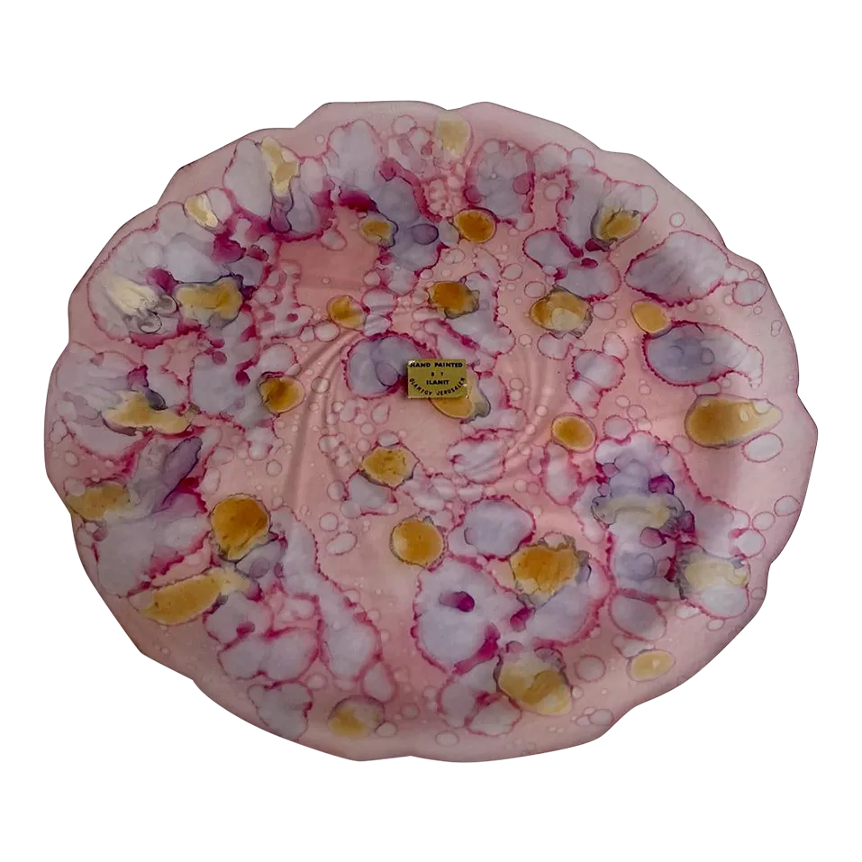 Ilanit Hand-Painted Pink Toned Art Glass Rimmed Serving Plate, Circa ...