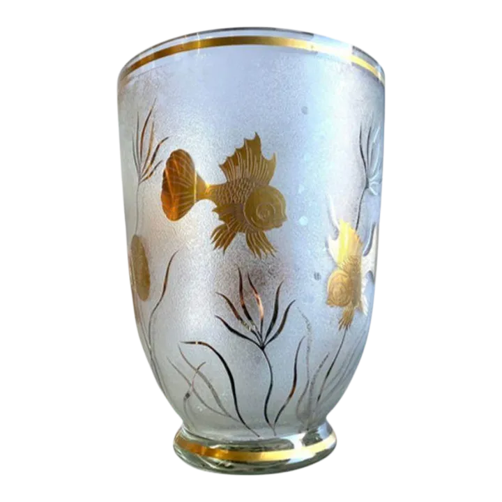 1930s Monumental Etched Glass Vase With Gold Fish Overlay | Chairish