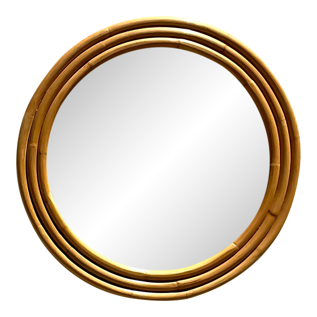 Vintage Coastal Stacked Rattan Round Mirror | Chairish
