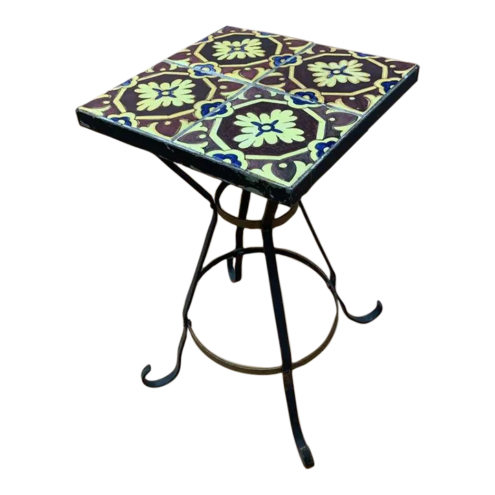 1990s Vintage Wrought Iron Tile Top Accent Table | Chairish