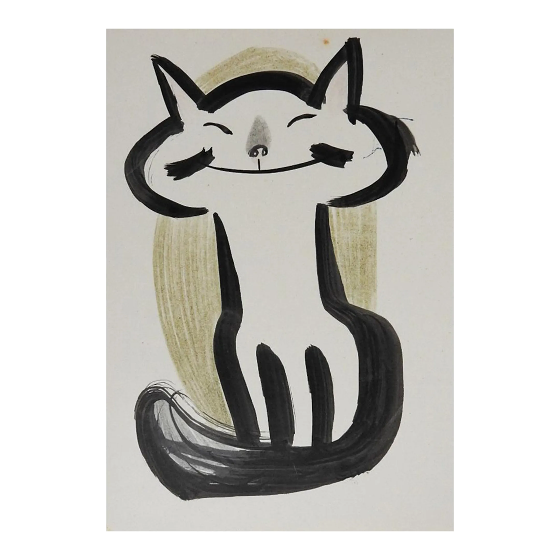 Vintage Mid 20th Century Pen and Ink Happy Cat Illustration Drawing ...
