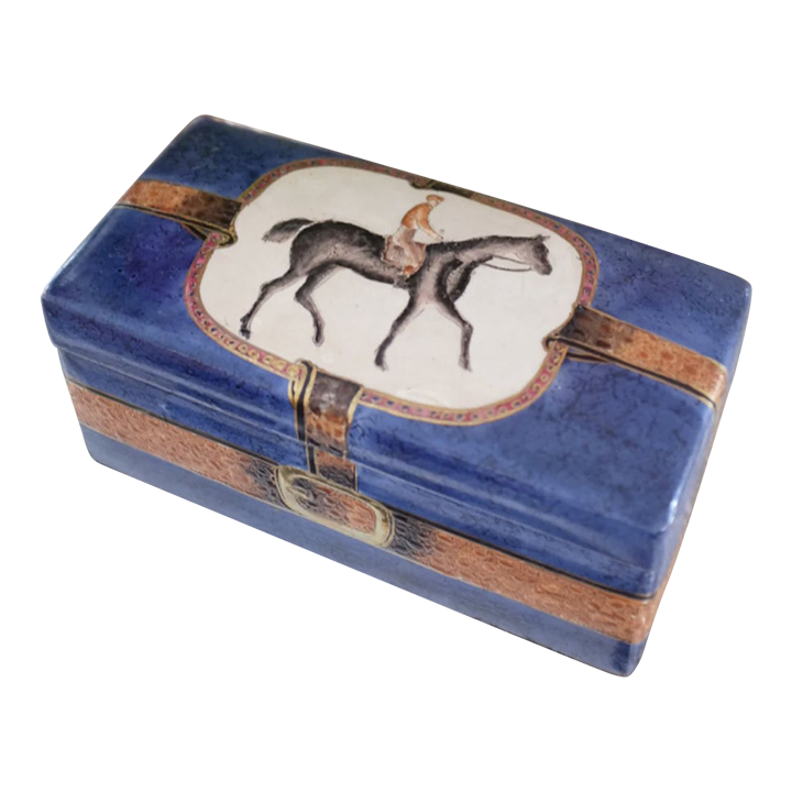 1980s Navy Blue and Brown Ceramic Box With Equestrain | Chairish