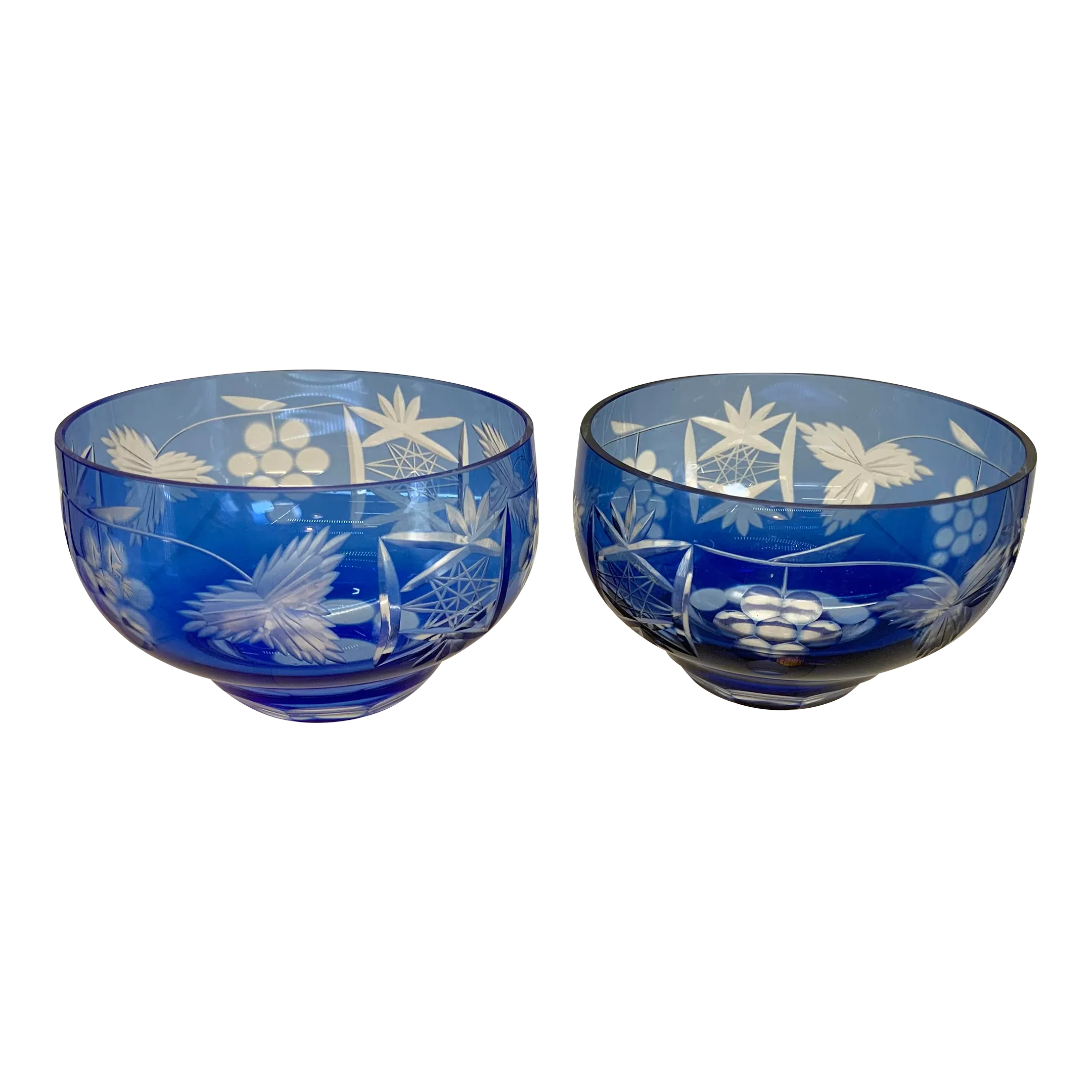 Pair of Vintage Bohemian Blue Cut Glass Bowls | Chairish