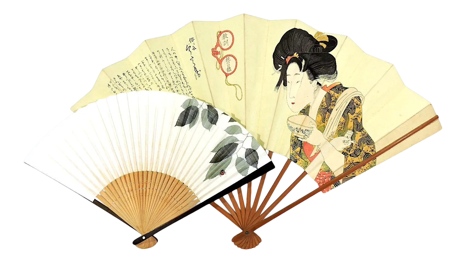 Vintage Japanese Geisha and Ladybug Bamboo & Paper Hand Painted Fans- a ...