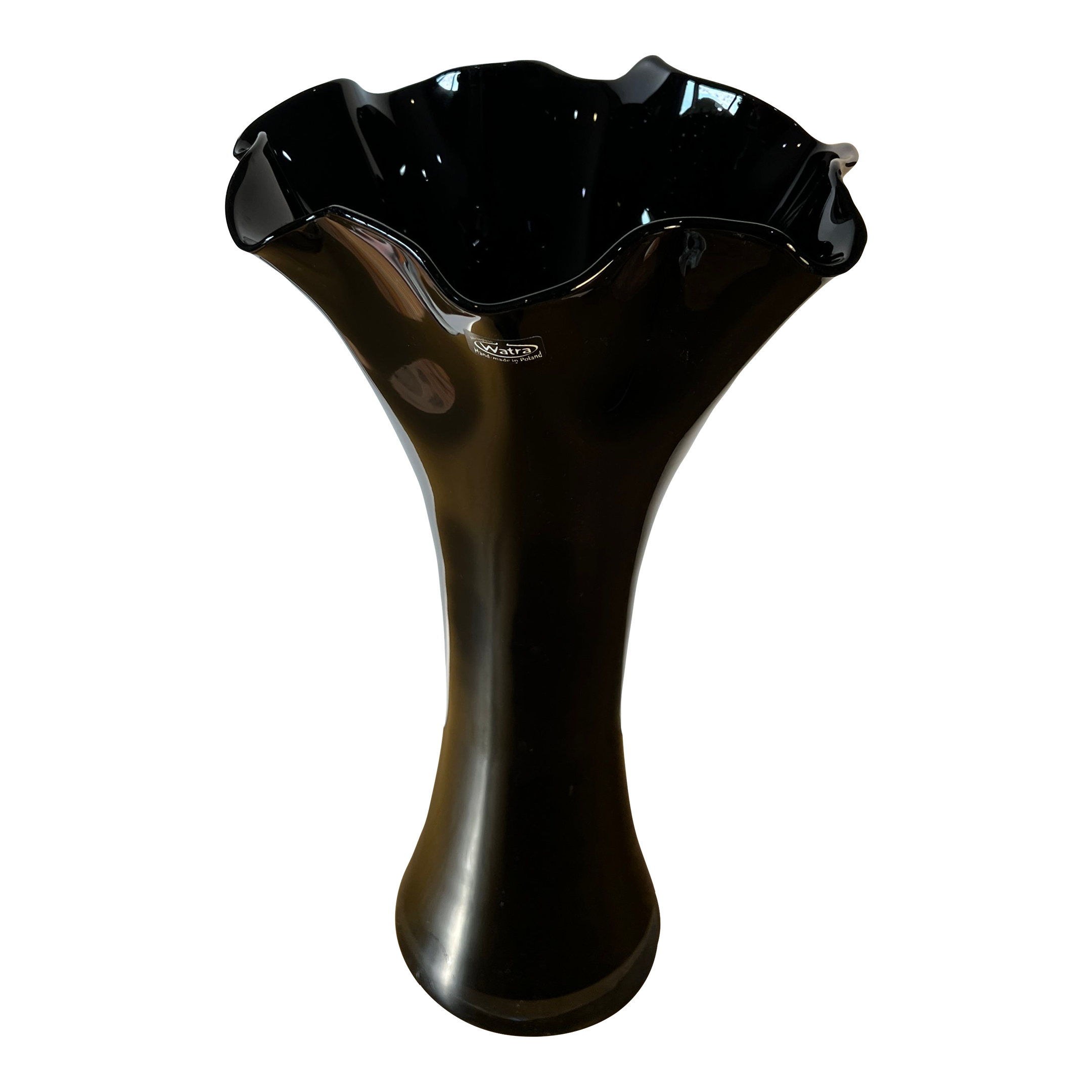 Watra Art Glass Black Trumpet Vase With Wavy Lip Alicja Poland | Chairish