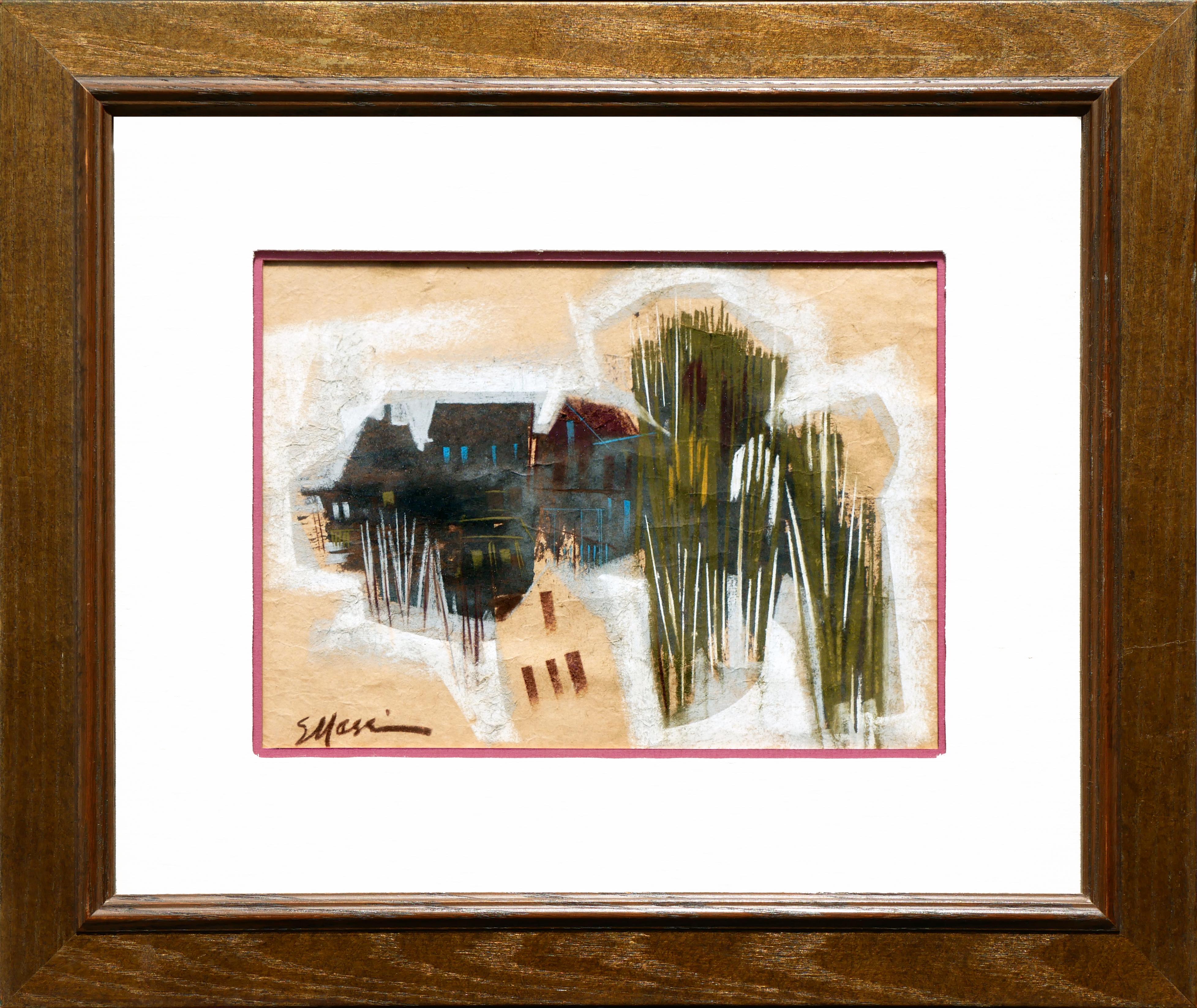 Mid-20th Century Dark Toned Modern Abstract Angular Landscape Drawing ...