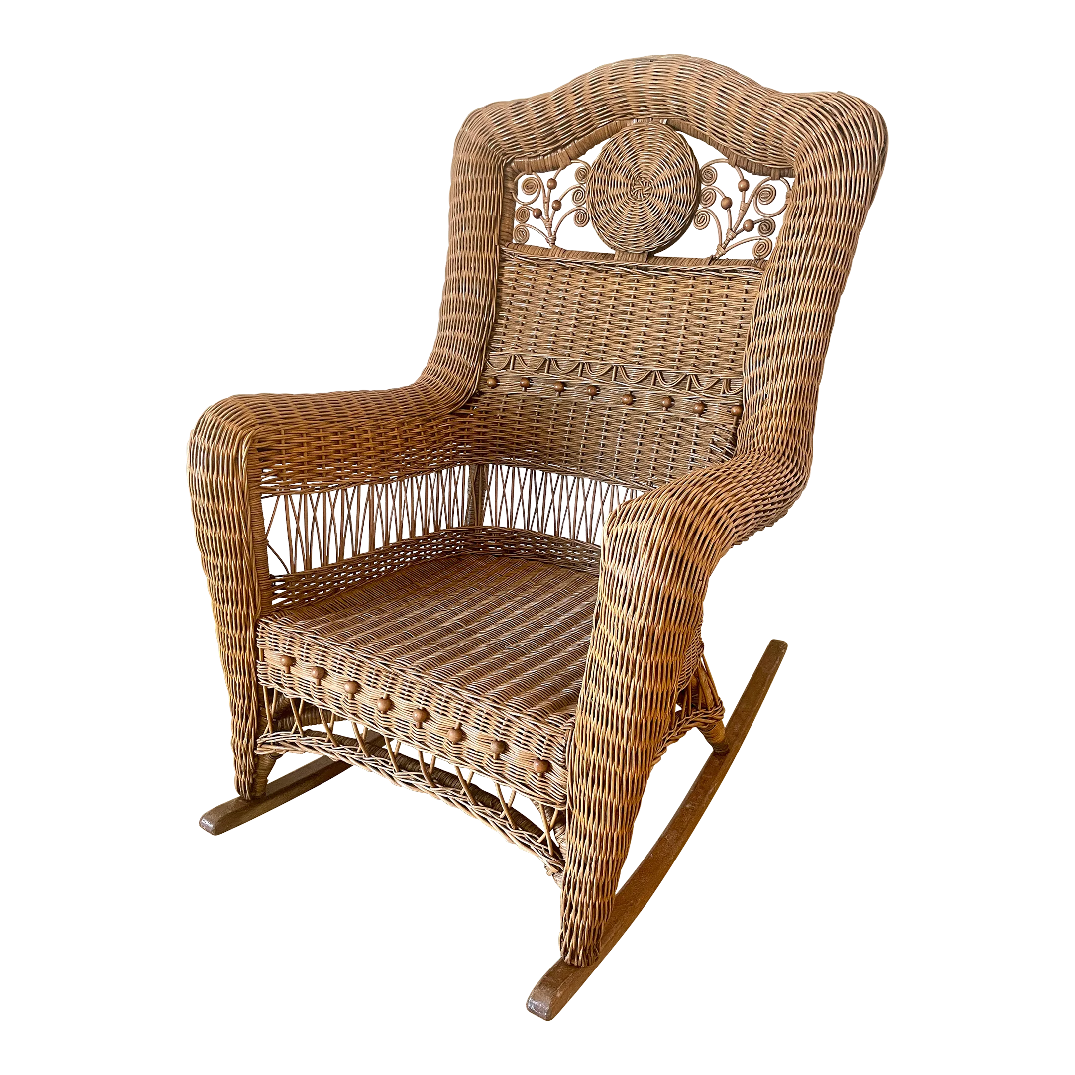 Mid 20th Century Vintage Cottage Chic Wicker Rattan Medallion Wingback ...