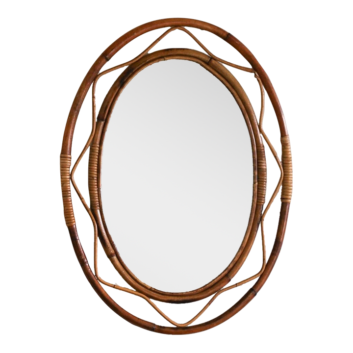 Large 1960s Italian Rattan Oval Mirror | Chairish